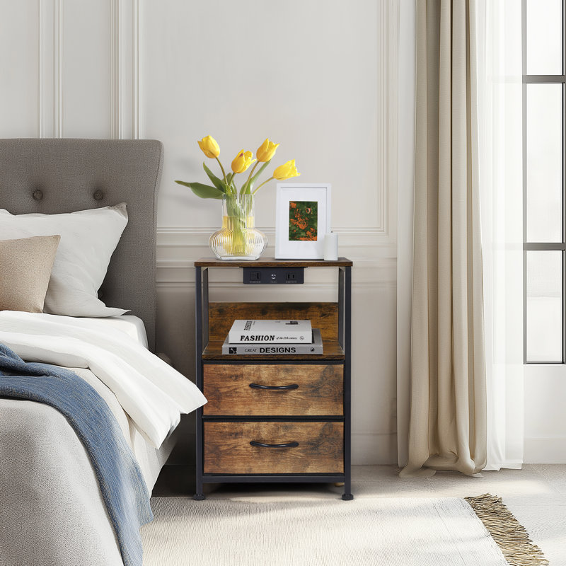 17 Stories Kohaku 23” 2-Drawer End Table with USB Port and Touch Control, Nightstand with LED ...